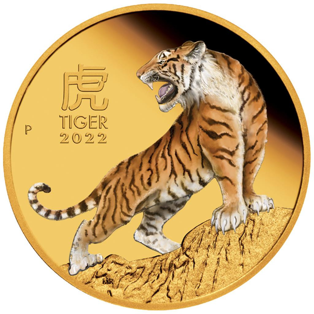 Australien 2022 Jahr des Tigers Lunar Serie III Gold 1 oz FARBE polierte Platte