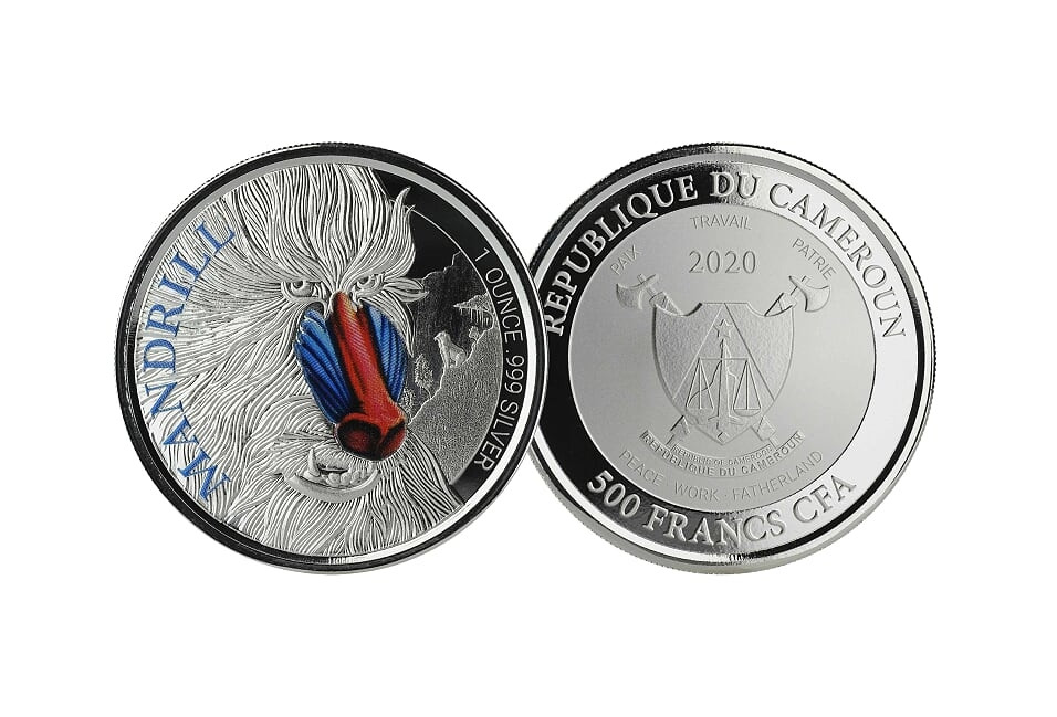 Kamerun 2020 Cameroon Mandrill Silber 1 oz PP mit Farbe